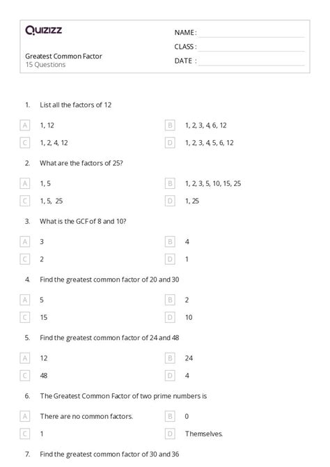 50 Greatest Common Factor Worksheets On Quizizz Free And Printable
