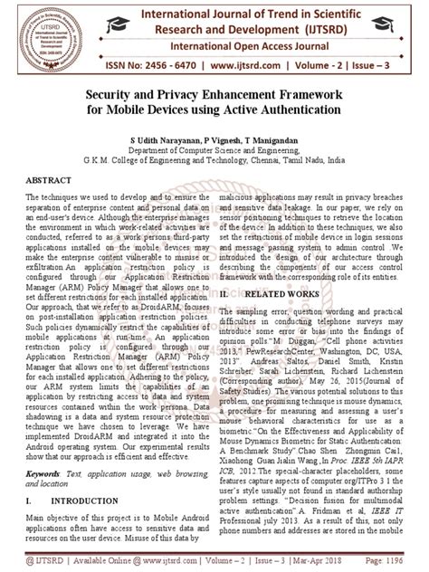 Security And Privacy Enhancement Framework For Mobile Devices Using Active Authentication Pdf