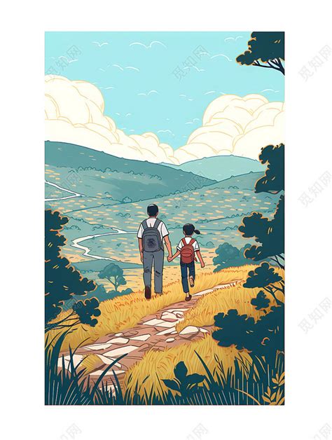 父亲节插画风格父女温馨出游户外玩乐的场景背景图片下载 觅知网