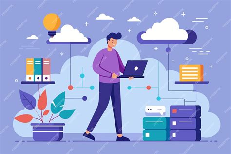 Premium Vector A Man Standing In Front Of A Laptop Syncing Cloud Data