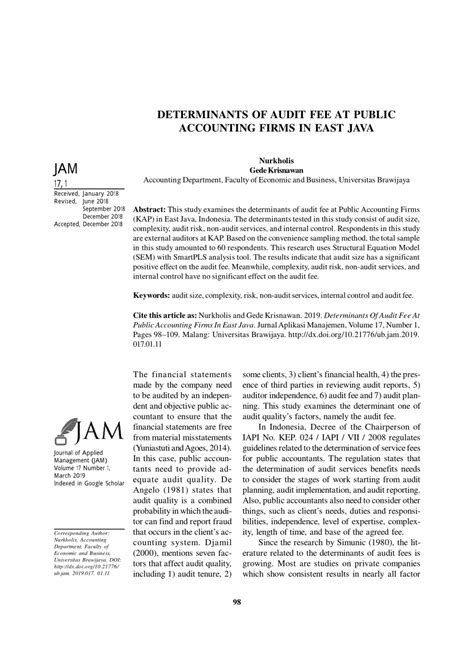 Pdf Determinants Of Audit Fee At Public Accounting Firms In East Java