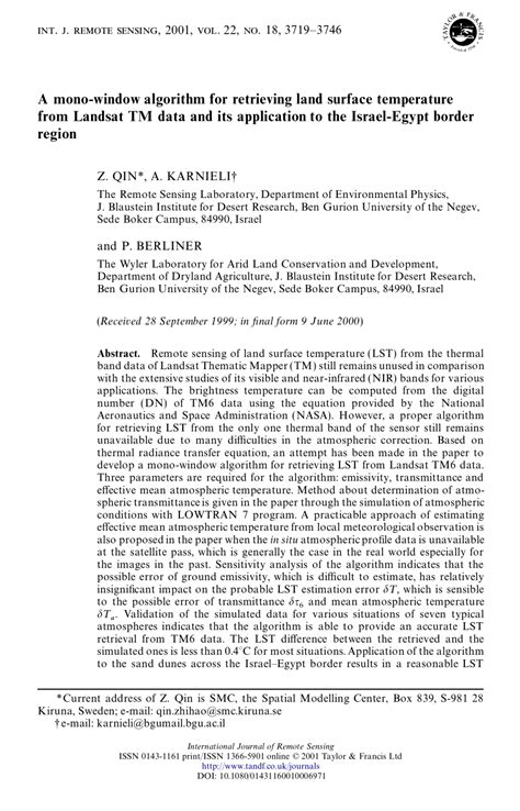 Pdf Mono Window Algorithm For Retrieving Land Surface Temperature