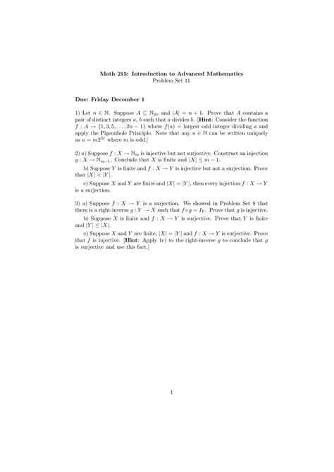 Problem Set 11 Introduction To Advanced Mathematics Math 215 Docsity