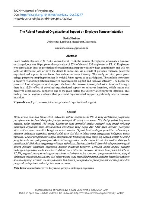 Pdf The Role Of Perceived Organizational Support On Employee Turnover Intention