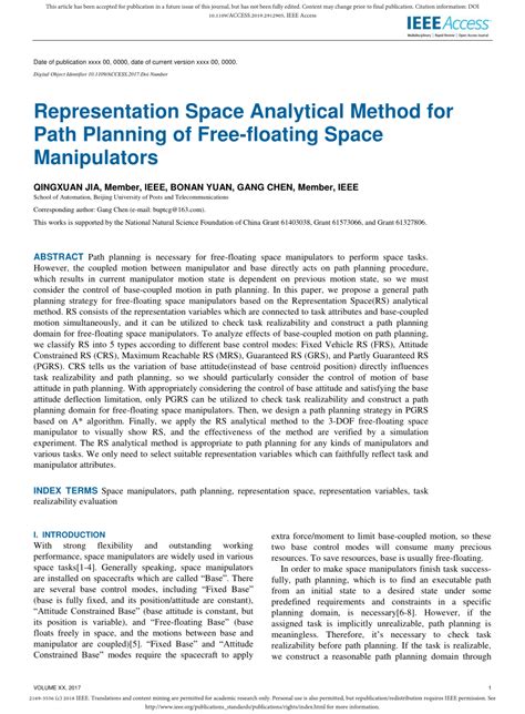 Pdf Representation Space Analytical Method For Path Planning Of Free Floating Space Manipulators