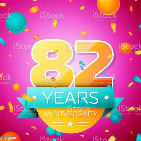 현실적인 82 년 기념일 축 하 디자인 배너입니다 골드 번호와 청록색 리본 풍선 분홍색 배경에 색종이 당신의 생일 파티를 위한 다채로운 벡터 템플릿 요소 0명에 대한 스톡