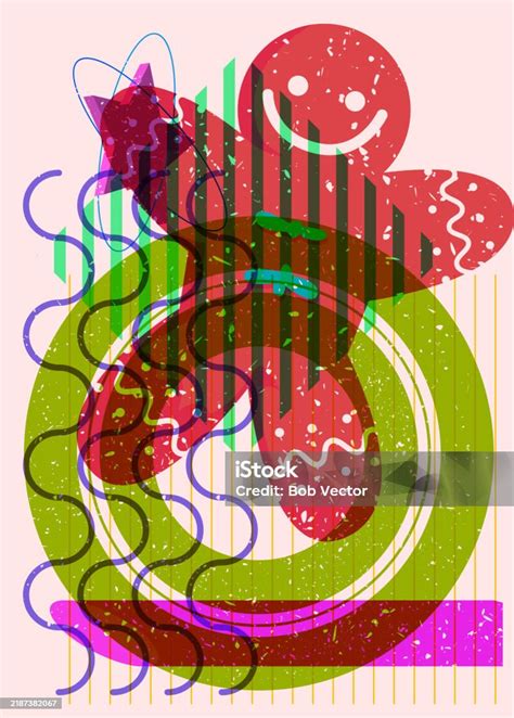 Risograph 진저 브레드 맨 크리스마스 쿠키 기하학적 모양 트렌디한 Riso 그래프 인쇄 질감 스타일의 개체와 기하학적 요소가 있는 디자인 0명에 대한 스톡 벡터 아트