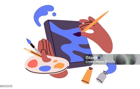 유성 페인트와 브러시로 캔버스에 그림을 그리는 예술가 화가 그리기 추상적 인 그림 만들기 직장에서 창의적인 손길 예술 창작 과정 흰색 배경에 격리된 평면 벡터 그림 그림