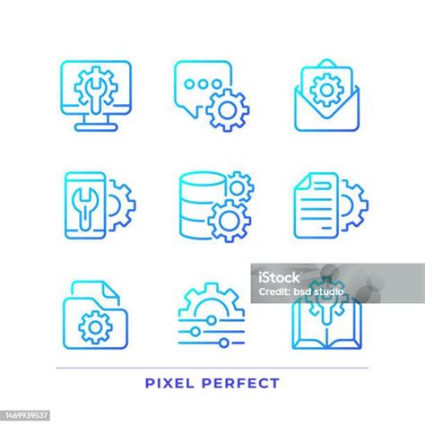 Technical Configuration Pixel Perfect Gradient Linear Vector Icons Set Stock Illustration