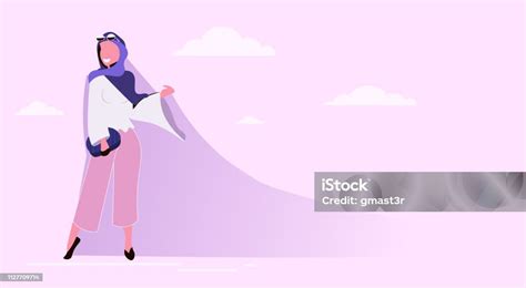 아랍 여자 포즈 행복 아랍어 여자 착용 Hijab 패션 옷 무슬림 여성 만화 캐릭터 전체 길이 플랫 핑크 하늘 배경 가로 서