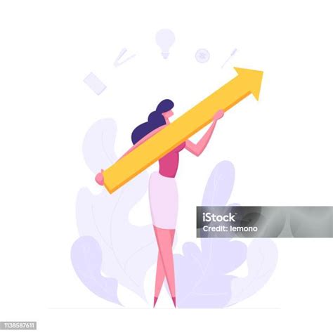 사업가 캐릭터와 비즈니스 금융 경력 성장 성공 개념 화살표를 들고 수익을 보여주는 웹사이트 웹 페이지에 대 한 야심 찬 여자와 배너입니다 평면 벡터 일러스트 개념에 대한
