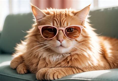 A Fluffy Orange Tabby Cat Wearing Sunglass Stock Illustration