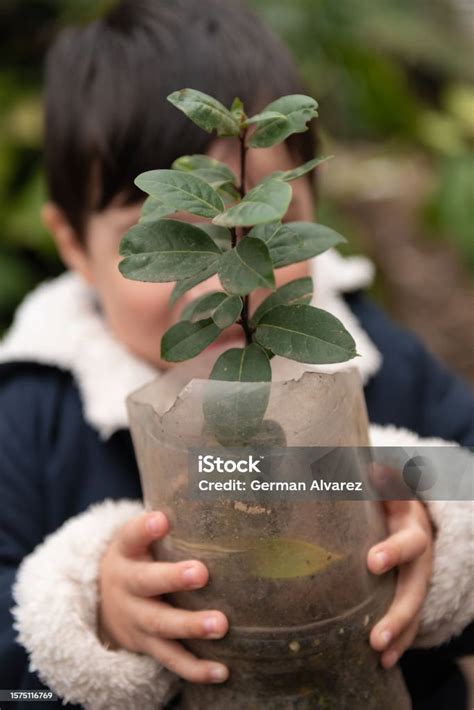 알아볼 수 없는 소년은 플라스틱 병으로 만든 화분에 식물을 들고 Esg 환경 지구의 날 지속 가능성 세계 환경의 날을 개념으로