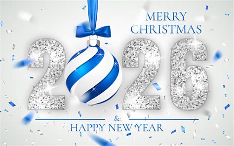 2026년 새해 인사말은 밝은 배경에 반짝이는 숫자 파란색과 흰색 크리스마스 장식 색종이 조각 눈송이로 합니다 우아한 휴일 테마 벡터 일러스트 레이 션 12월에 대한 스톡