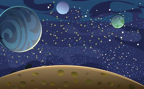 코스모스 배경 행성과 위성 별이 빛나는 하늘 풍경 어두운 색상 플랫 스타일 만화 디자인 벡터 0명에 대한 스톡 벡터 아트 및