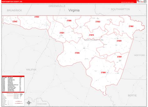 Northampton County Nc Zip Code Wall Map Red Line Style By Marketmaps