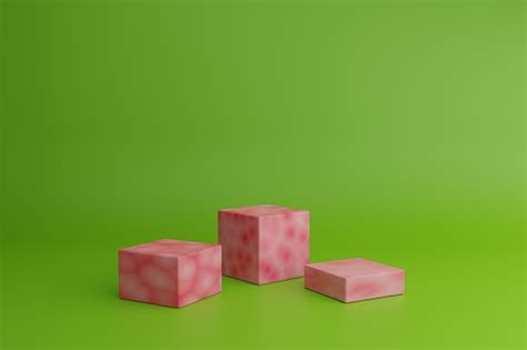 차분한 파스텔 색상의 큐브 또는 상자가있는 3d 모델링 장면 화장품 프리젠 테이션을위한 빈 연단 간단한 기하학적 3d 요소로 빈