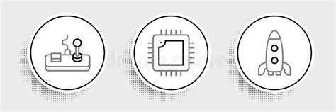 set line rocket ship gamepad and processor with cpu icon vector stock