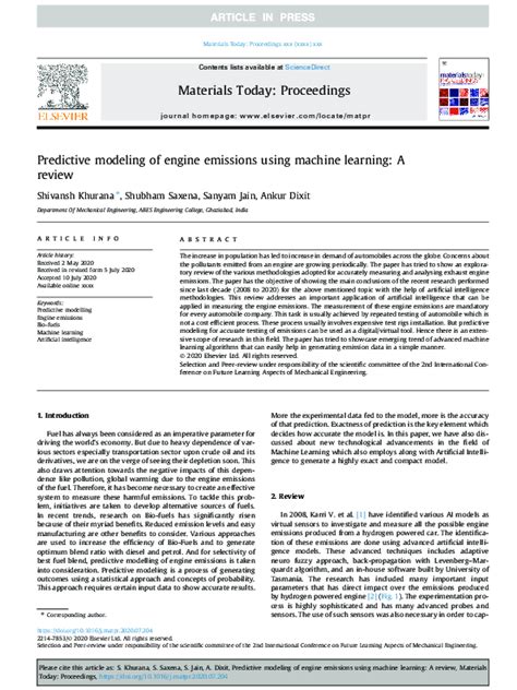 pdf predictive modeling of engine emissions using machine learning a review