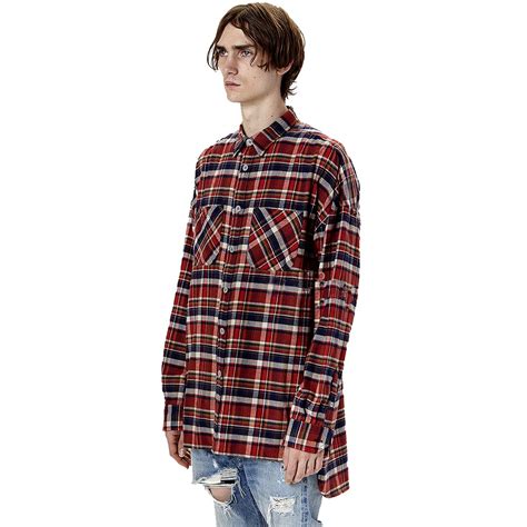 Mens Flannel Cotton Red Plaid Shirt Shaped Arc Hem Long Sleeve Autumn