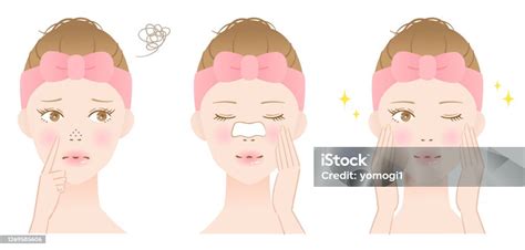 코 모공 클렌징 마스크와 젊은 여성 일러스트 스킨 케어 컨셉 블랙헤드에 대한 스톡 벡터 아트 및 기타 이미지 블랙헤드