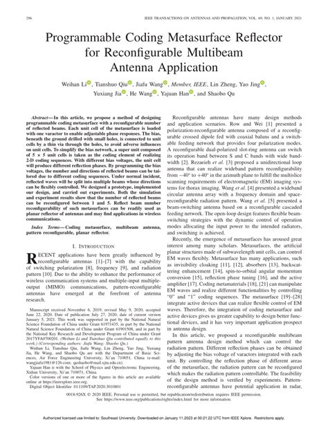Pdf Programmable Coding Metasurface Reflector For Reconfigurable Multibeam Antenna Application