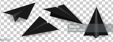 현실적인 종이 비행기와 종이 접기 비행기 블랙 아이콘 세트입니다 수제 검은 종이 비행기 투명한 배경에 격리된 비행기의 3d 모델eps 10의 벡터 공란에 대한 스톡 벡터