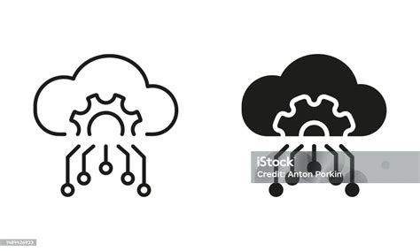 클라우드 컴퓨팅 구성 라인 및 실루엣 아이콘 세트 클라우드 서버 설정 픽토그램 기어가 있는 디지털 클라우드 구성 기호 컬렉션 격리된 벡터 그림 클라우드 컴퓨팅에 대한 스톡
