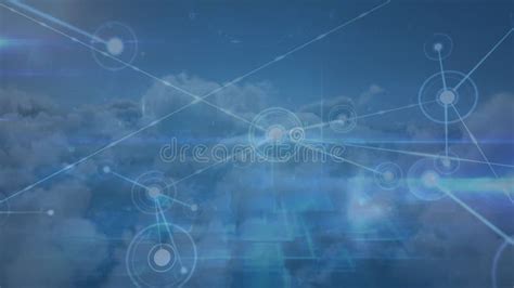 Network Of Connections And Blue Light Trails Over Clouds In The Sky