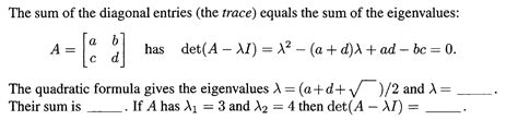 Solved The Sum Of The Diagonal Entries The Trace Equals Chegg Com