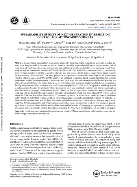 Pdf Sustainability Effects Of Next Generation Intersection Control