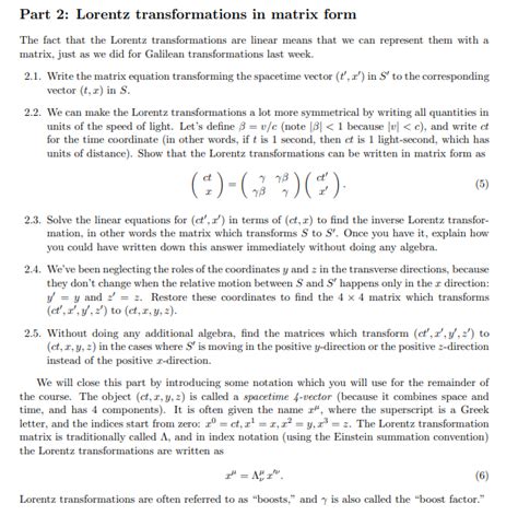 Solved Part 2 Lorentz Transformations In Matrix Form The