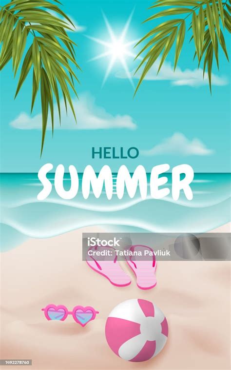 안녕하세요 여름입니다 해변공 플립플롭 모래 위에 하트 모양의 선글라스가 있는 열대 해변의 사실적인 3d 벡터 그림 종려 나무 잎 휴가 여름 휴가에 딱 맞습니다 벡터에 대한