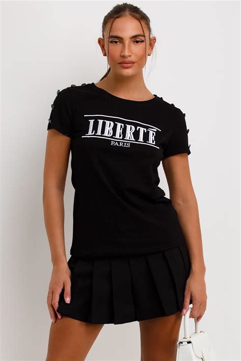 Womens Black T Shirt With Liberte Paris Embroidery Casual Outfit