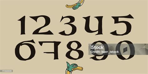 0 9 기호 숫자가 설정되었습니다 Majuscule 켈트어 앵글로색슨 짐승의 머리를 가진 아일랜드 스타일의 Lindisfarne 서예 0에 대한 스톡 벡터 아트 및 기타