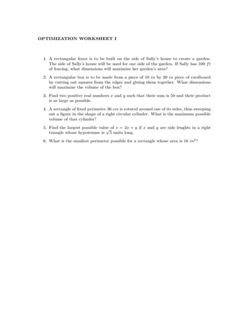 OPTIMIZATION WORKSHEET I