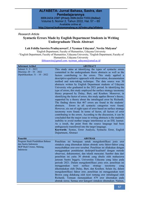 Pdf Syntactic Errors Made By English Department Students In Writing