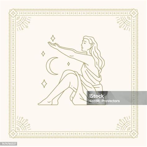 처녀 자리 여자 여신 조디악 라인 아트 데코 골동품 프레임 빈티지 카드 디자인 벡터 일러스트 레이 션 신화에 대한 스톡 벡터