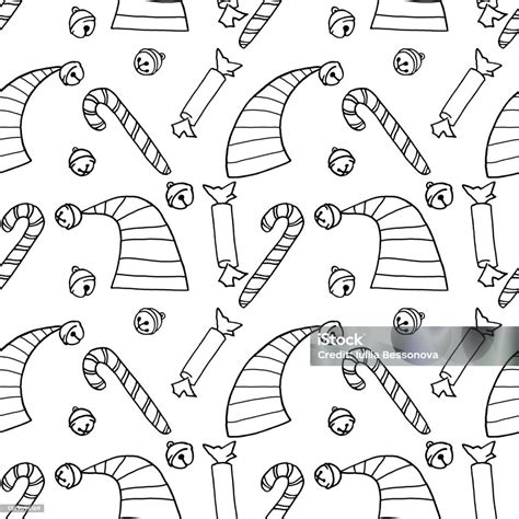 벨 모자 과자 사탕 지팡이 롤리팝등 등고선 엘프 캡의 매끄러운 패턴 낙서 스타일의 산타의 도우미의 상징 손으로 그린 크리스마스와 새해 배경과 질감 0명에 대한 스톡 벡터