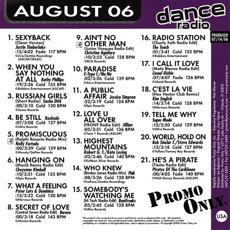 Promo Only Dance Radio August 2006 [flac] Free Download Borrow And