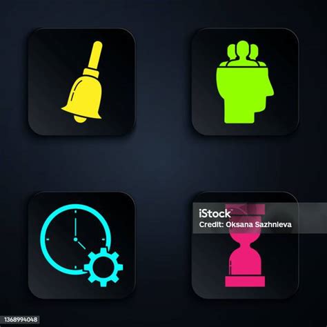 흐르는 모래 울리는 벨 시간 관리 및 프로젝트 팀 베이스와 오래된 모래 시계를 설정합니다 검은 색 사각형 버튼 벡터 개념에 대한 스톡 벡터 아트 및 기타 이미지 Istock