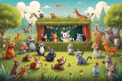 Premium Photo Puppet Show Fun Whimsical Cartoon Scene In Grass Field Premium Photo Puppet Show Fun Whimsical Cartoon Scene In Grass Field