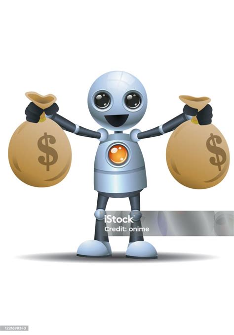 돈의 전체 두 가방을 가지고 부자를 얻기 위해 일하는 작은 로봇의 3d 그림 3차원 형태에 대한 스톡 벡터 아트 및 기타 이미지