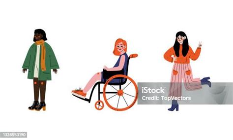 자기 수용 벡터 세트로 자신의 몸과 외모를 사랑 서 젊은 다양한 여자 휠체어에 대한 스톡 벡터 아트 및 기타 이미지 휠체어