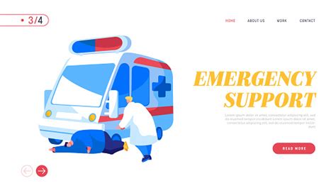 구급차 의료 직원 서비스 직업 방문 페이지 템플릿입니다 메딕 캐릭터는 아포플렉시 공격이나 뇌졸중으로 남자 환자를 도와 지상에 누워 비상 사태 만화 사람 벡터 일러스트