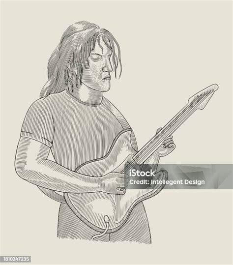 기타리스트가 그의 일렉트로베이스 기타를 연주 빈티지 조각 드로잉 스타일 그림 검은색에 대한 스톡 벡터 아트 및 기타 이미지