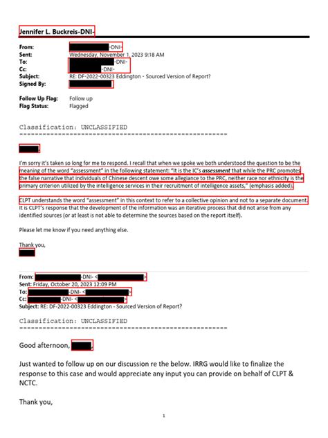 Odni Foia Release To Cato Re Unredacted Emails Re Prc Intel Targeting