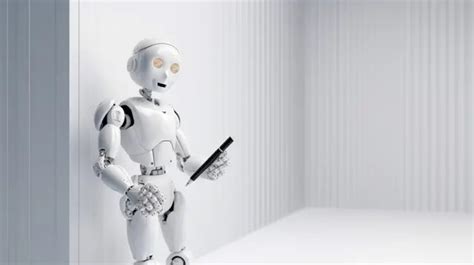 4 Foto Robot Rendering 3d Memegang Pena Dengan Dinding Kosong Gambar