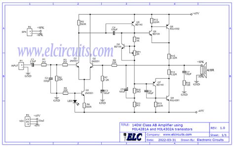 140w Class Ab Amplifier Using Mjl4281a And Mjl4302a Transistors With