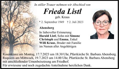 traueranzeigen von frieda listl mittelbayerische trauer